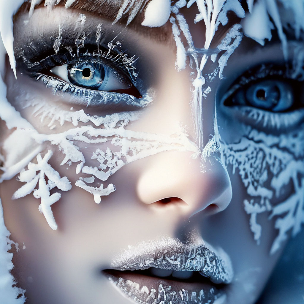 "Face close-up, snow queen, ice patterns on the face, frozen long ...