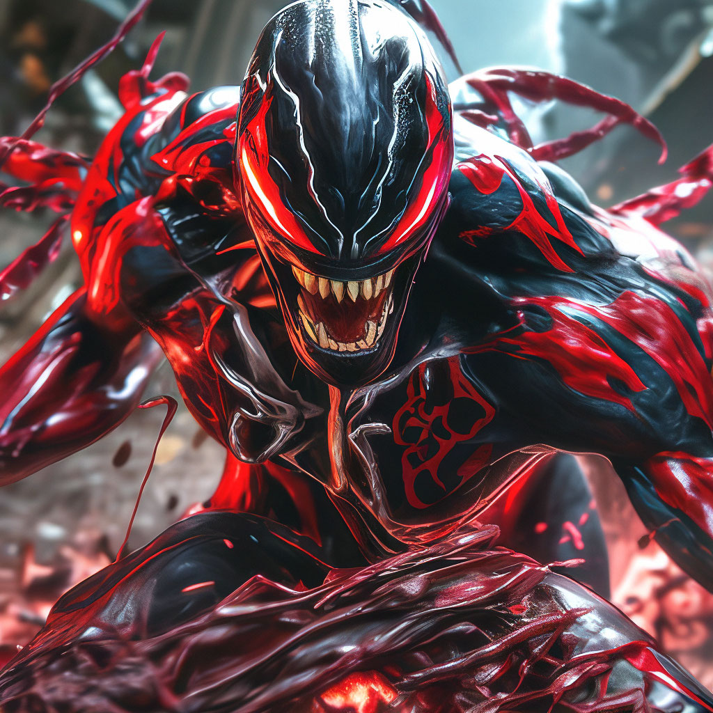 "Symbiote carnage, realistic, 4K, red body color, black lines, maximum ...