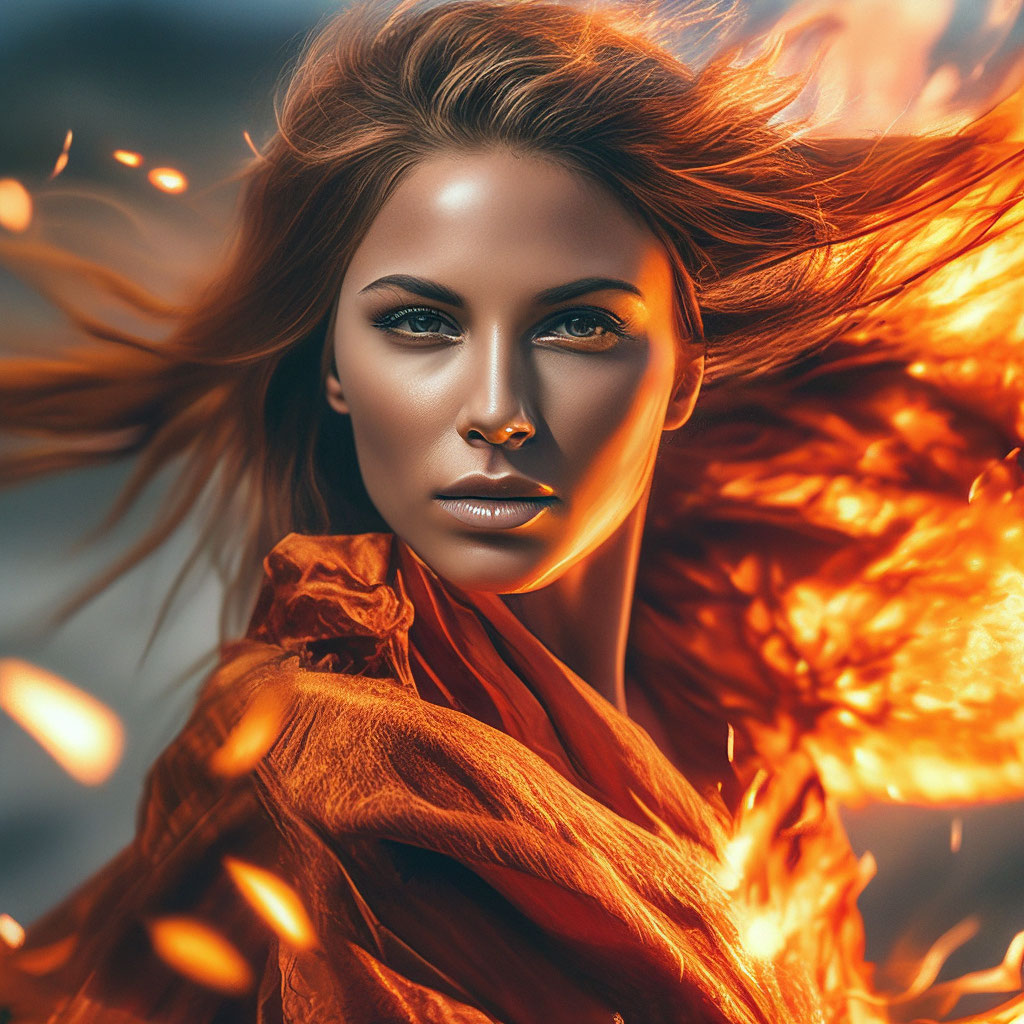 "Girl queen of fire close-up orange burning eyes orange black robe ...