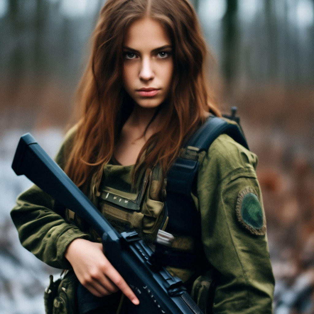 "A girl in a stalker costume, with a gun in her hands" — image created ...