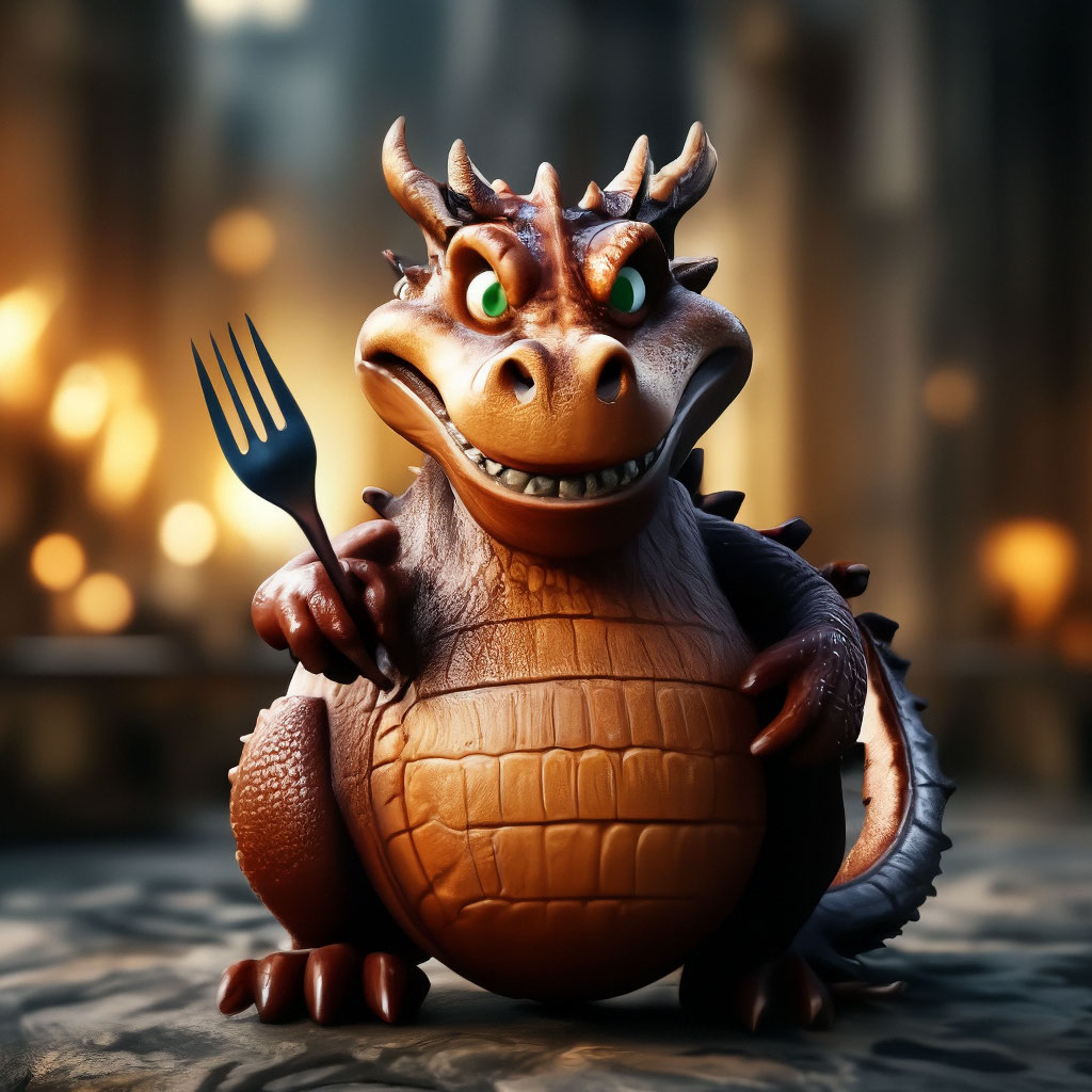 "Fat oval dragon holding a sausage on a fork, humor, caricature drawing ...