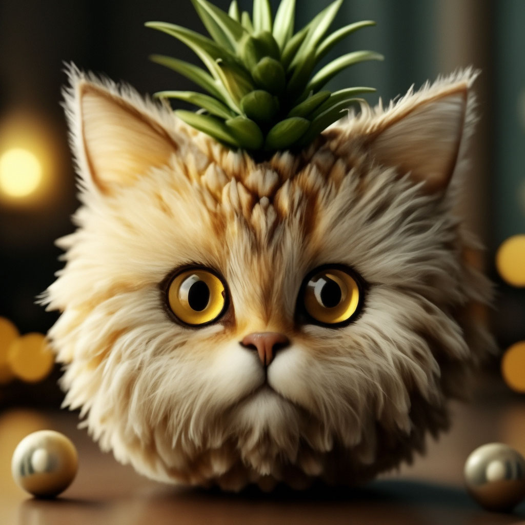 "Spherical cat in the form of pineapple, cotton wool metamorphosis ...