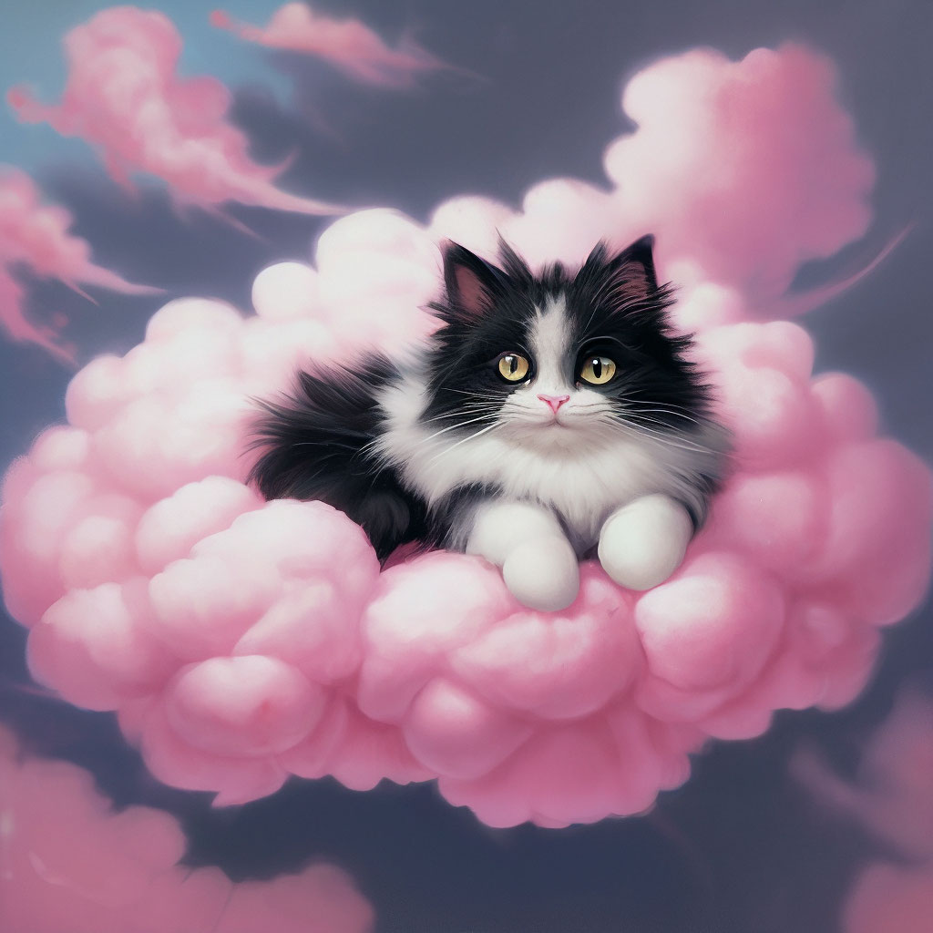 "Black and white fluffy cat bayun lies on a white and pink cloud ...