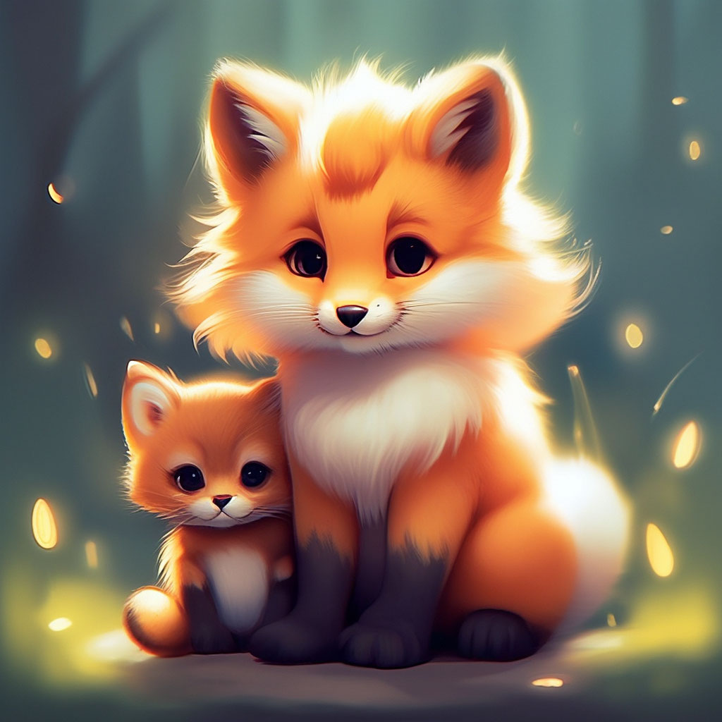 "Cute fluffy cat with a fox cub" — image created in Shedevrum