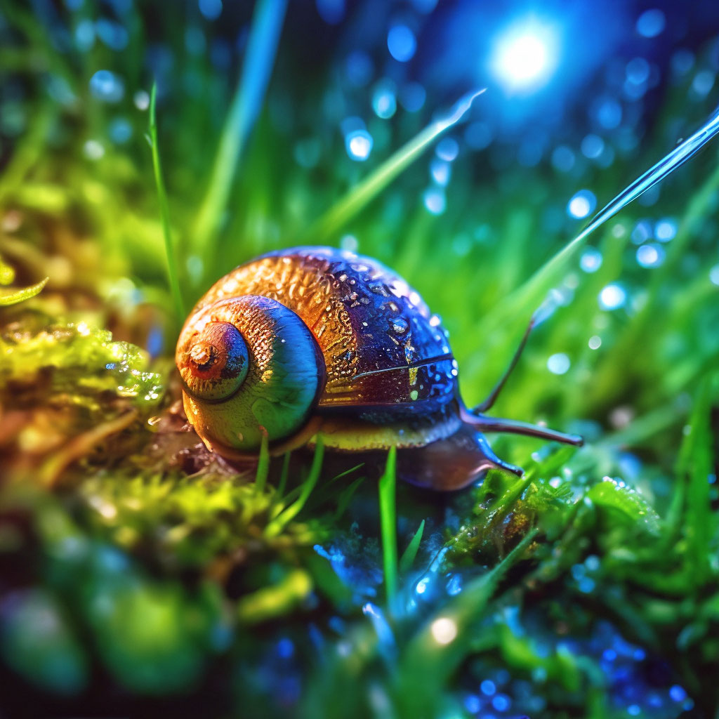 "Snail night,professional photo,15 mm,f/2.8,1/500 s, ISO2000,bottom-up ...