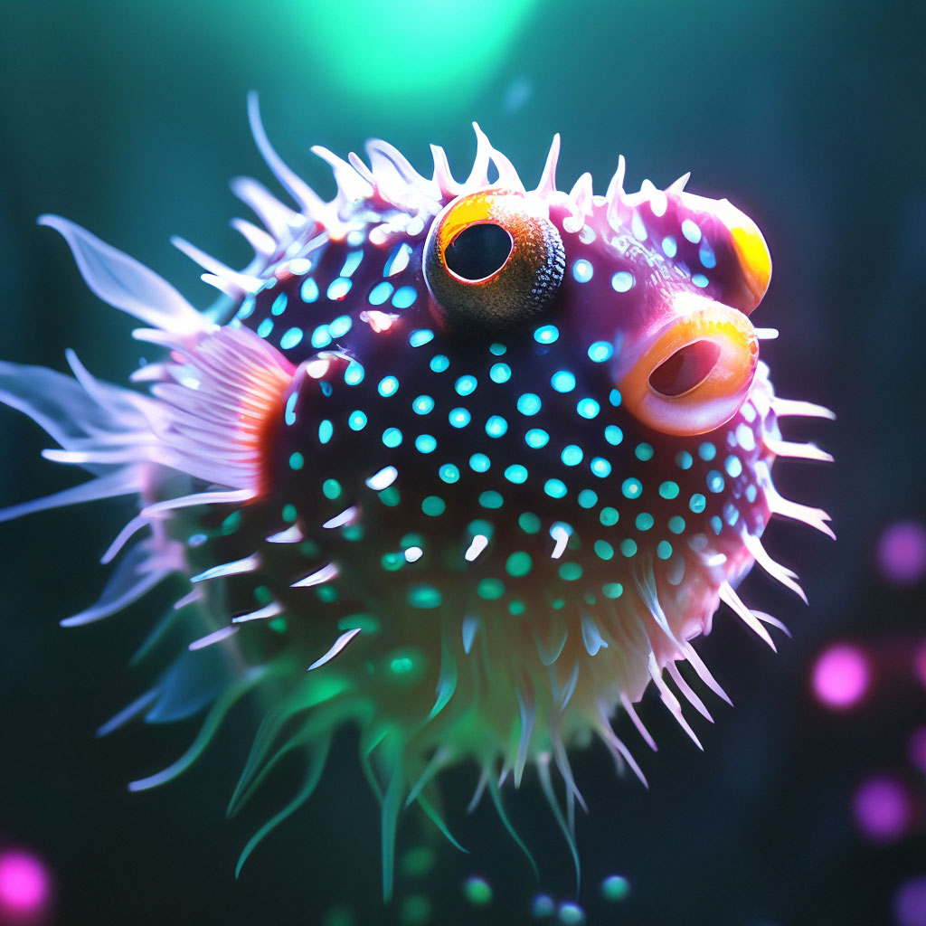 "Hyper realistic spiny puffer fish foggy with spores of neon, glowing ...