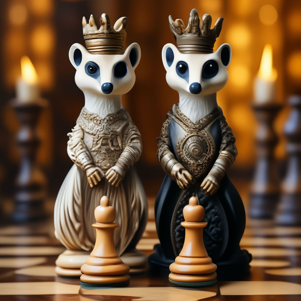 "Chess pieces of the king and queen in the form of white meerkats and ...