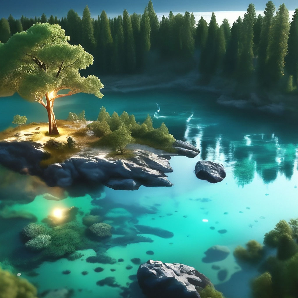 "Transparent lake in the forest, an island with a powerful oak tree ...
