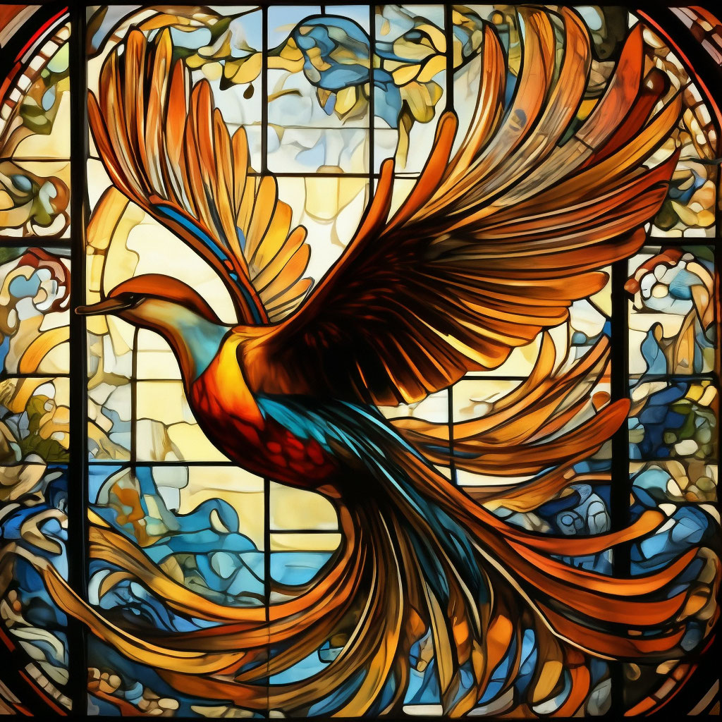 "Bird of happiness fresco, stained glass" — image created in Shedevrum