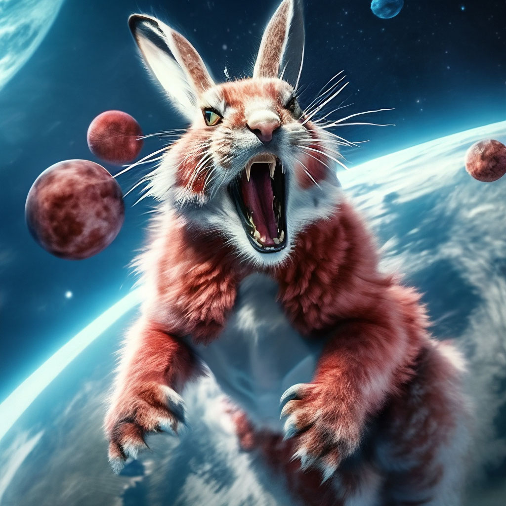 "Fluffy red angry saber-toothed hare in space eats a blue planet ...