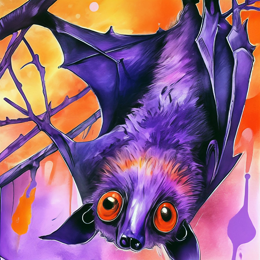"Creepy, beautiful purple bat, hanging upside down on a branch ...