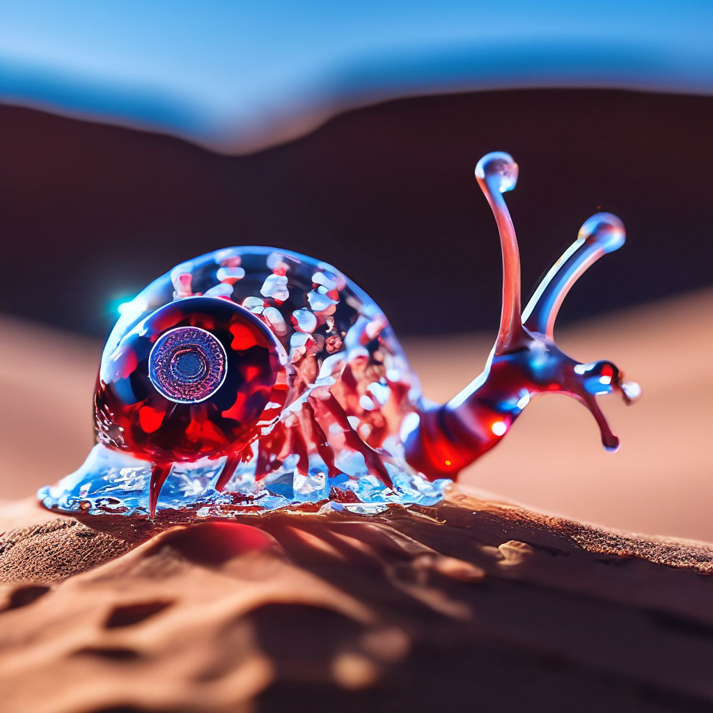 "🌀👽 in the middle of a snow-white desert, a glass snail with a black ...