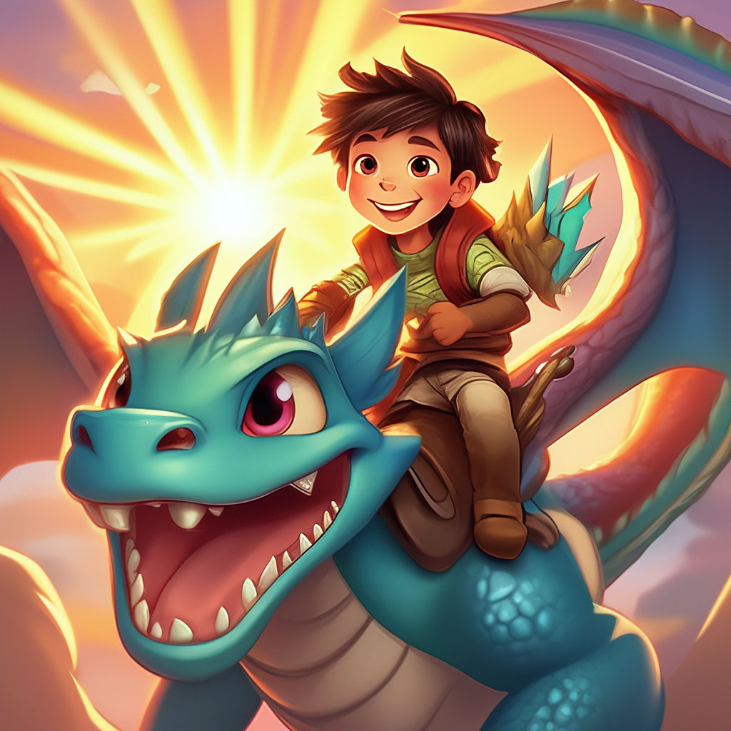 "Dragon rider cartoon, cute, fun, rays of goodness" — image created in ...