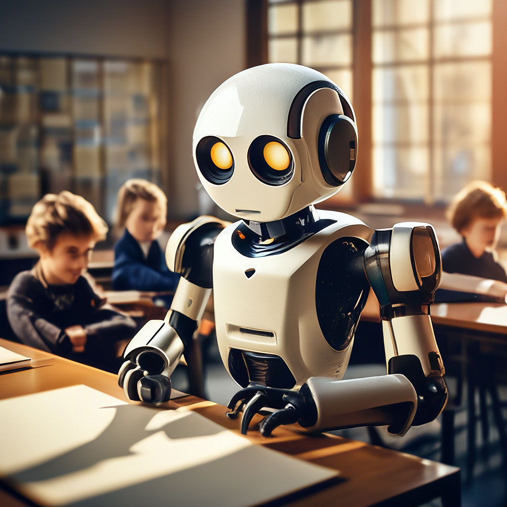 "Robot teacher, sunny day, school class, students at their desks ...