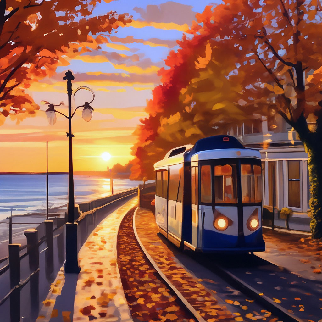 "A modern tram rides through the autumn streets of a seaside town, leaf ...