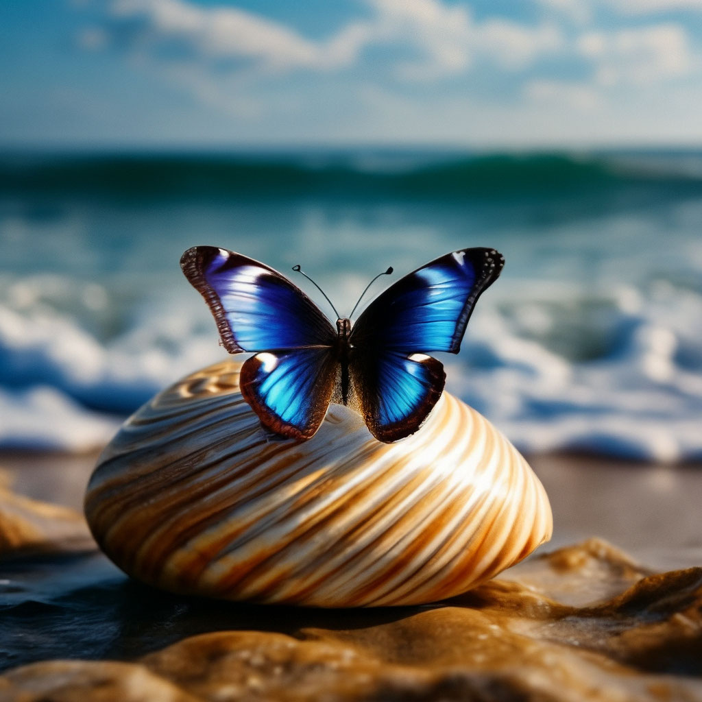 "A butterfly of saturated colors sits on a spiral shell. In the ...