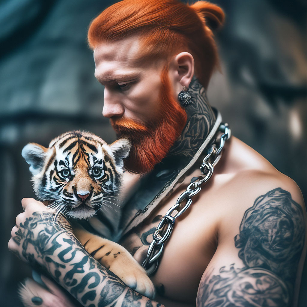 ". A brutal man with a red beard holds a small tiger cub in his hands ...