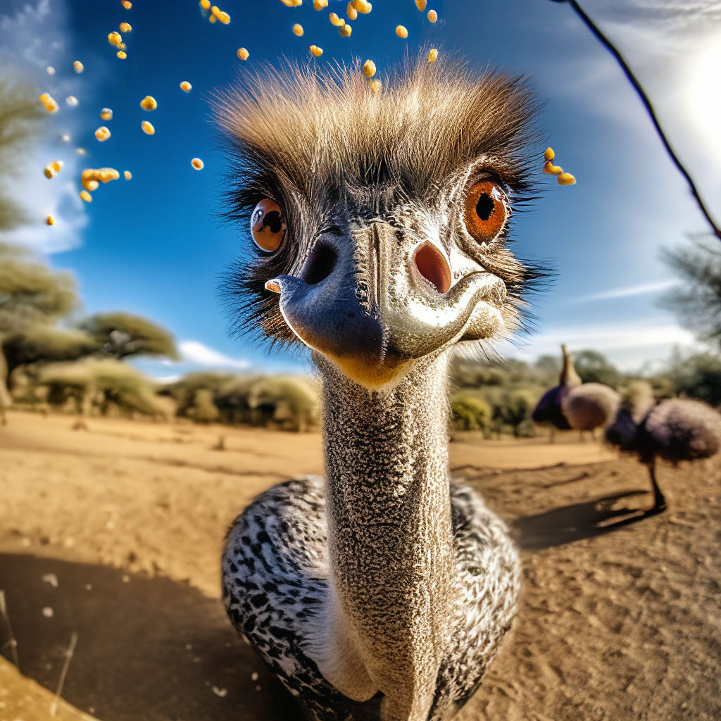 ".A very brazen ostrich stares intently into the fish eye camera. bread ...