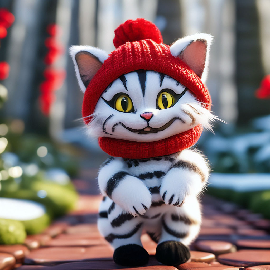 "Realistic striped White Cheshire cat Murzik in a red knitted hat with ...