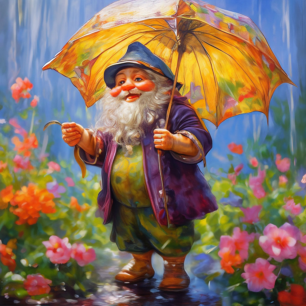 "Oil painting, dwarf with an umbrella, rain, flowers, bright sunny day ...