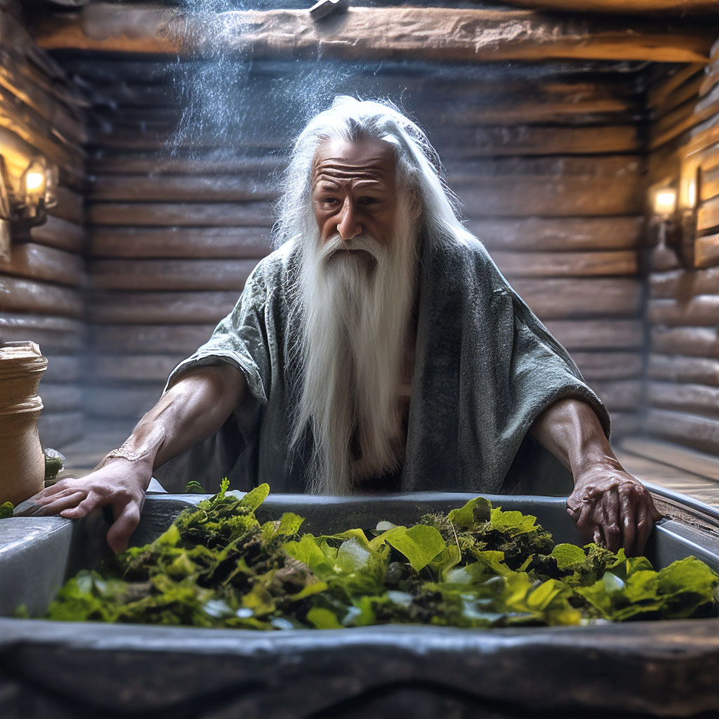 "Bannik, an evil spirit in the form of a dirty old man in stuck leaves ...