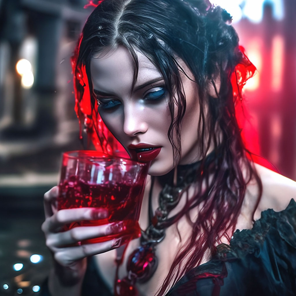 "A beautiful vampire girl drinks scarlet water from her hands, scarlet ...