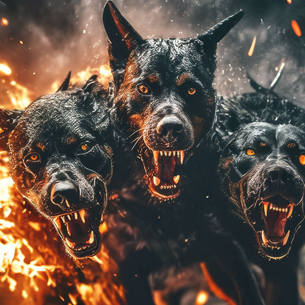 "Cerberus, evil, scary, powerful anthropomorphic three-headed dog ...