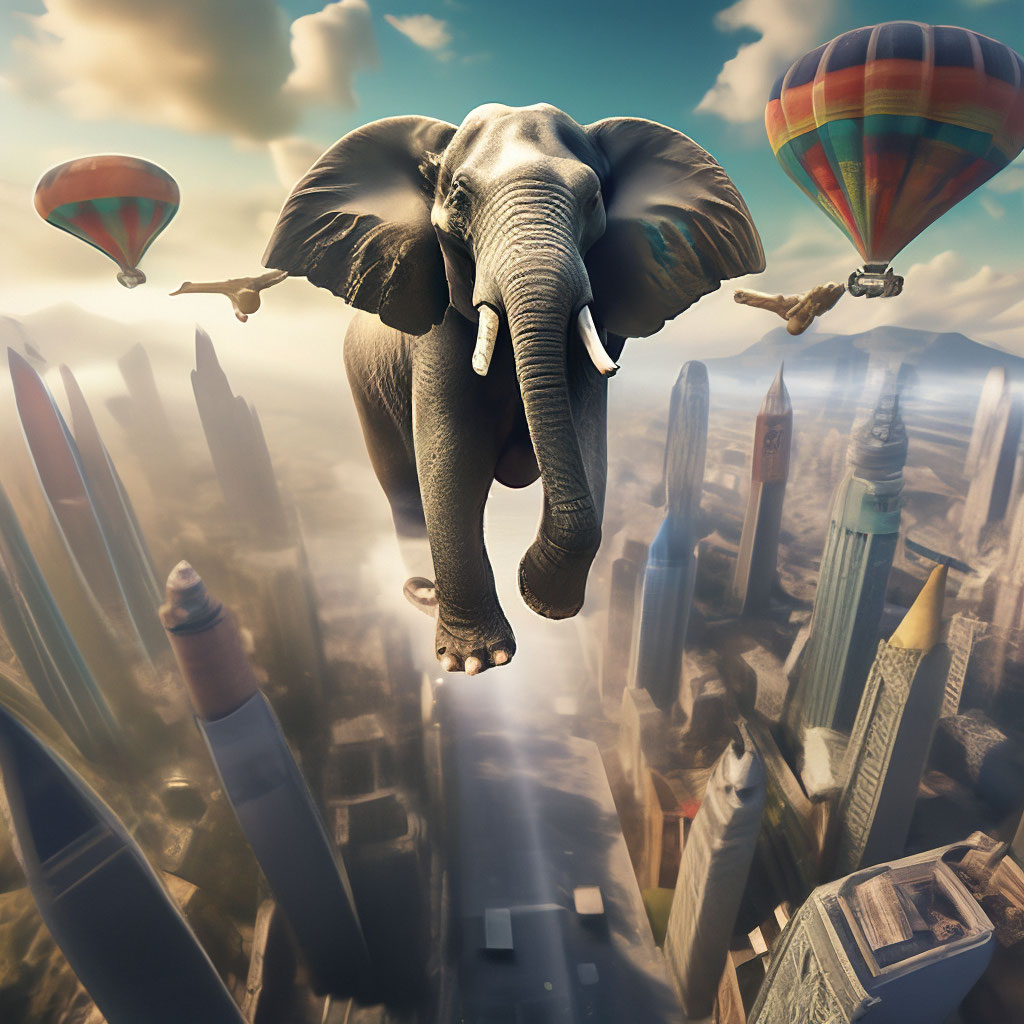 "An elephant flies over the city" — image created in Shedevrum