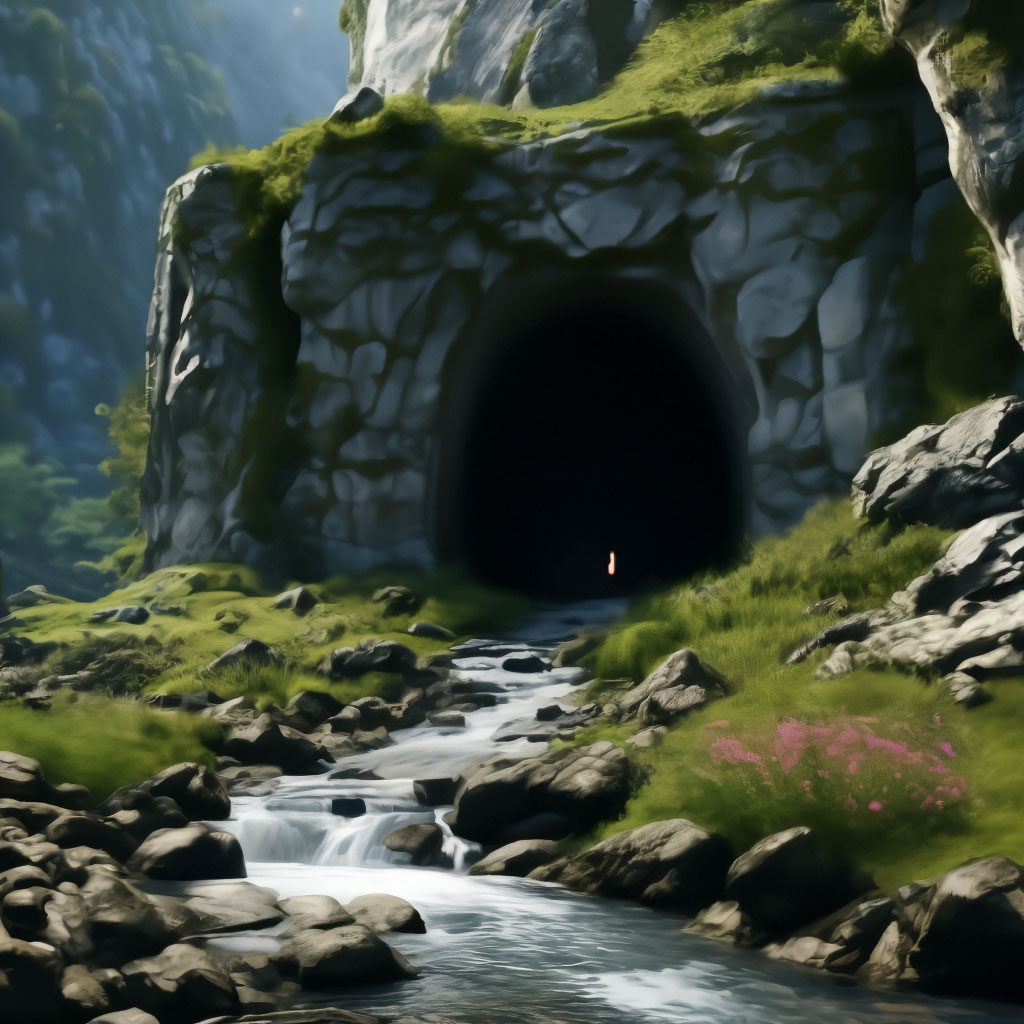 "Hill, entrance to the cave, a stream flows out of the cave, a path to ...
