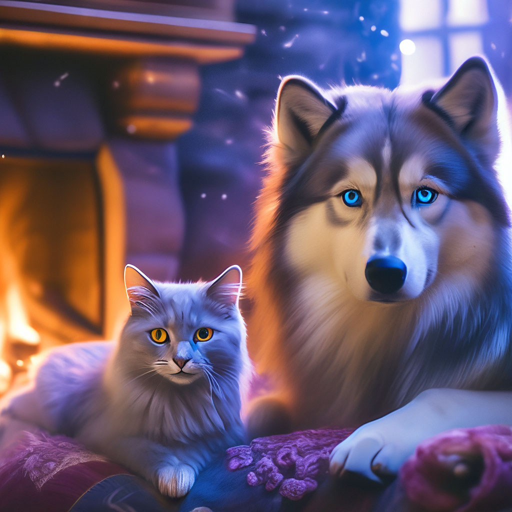 "A purple-tinged wolf with blue eyes and a gray Siberian cat with ...