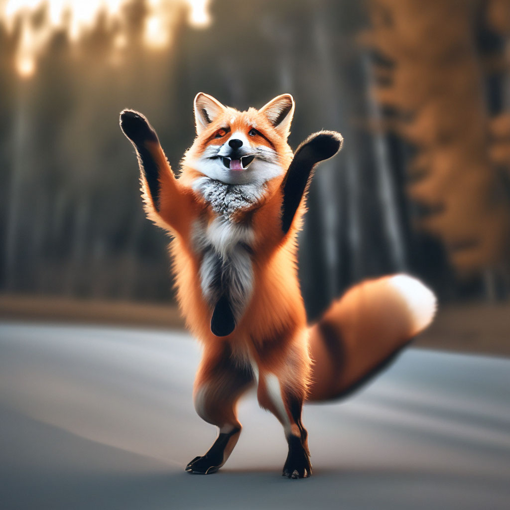 "Fox dancing like a man real photo 32k" — image created in Shedevrum