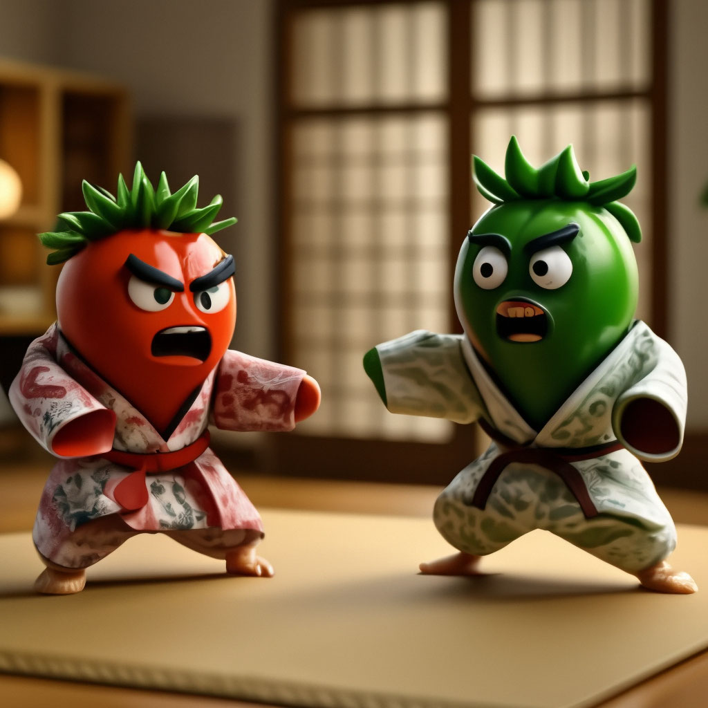 "Tomato and cucumber are doing karate in a kimono on the kitchen table ...