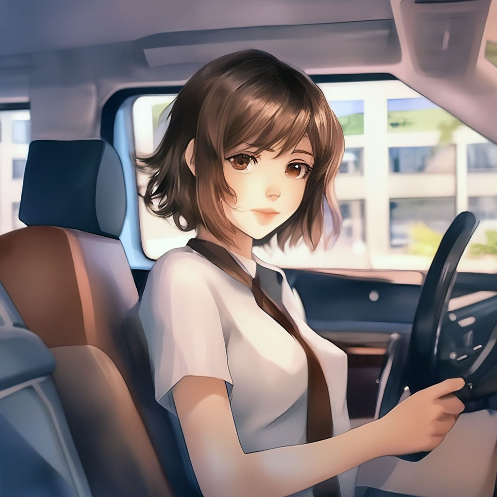 "Anime watercolor, a girl with short brown hair and brown eyes driving ...