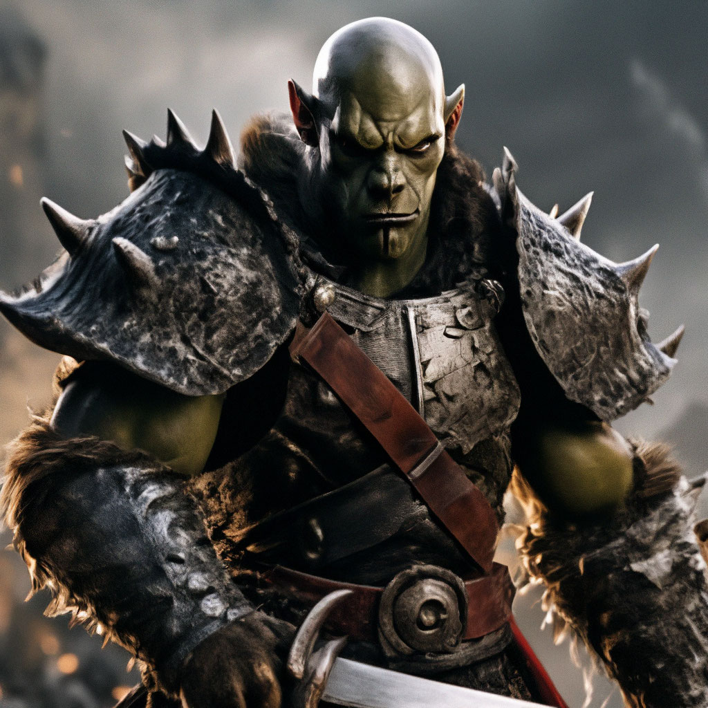 "A huge bald orc with a long, large serrated sword, a scar on his face ...