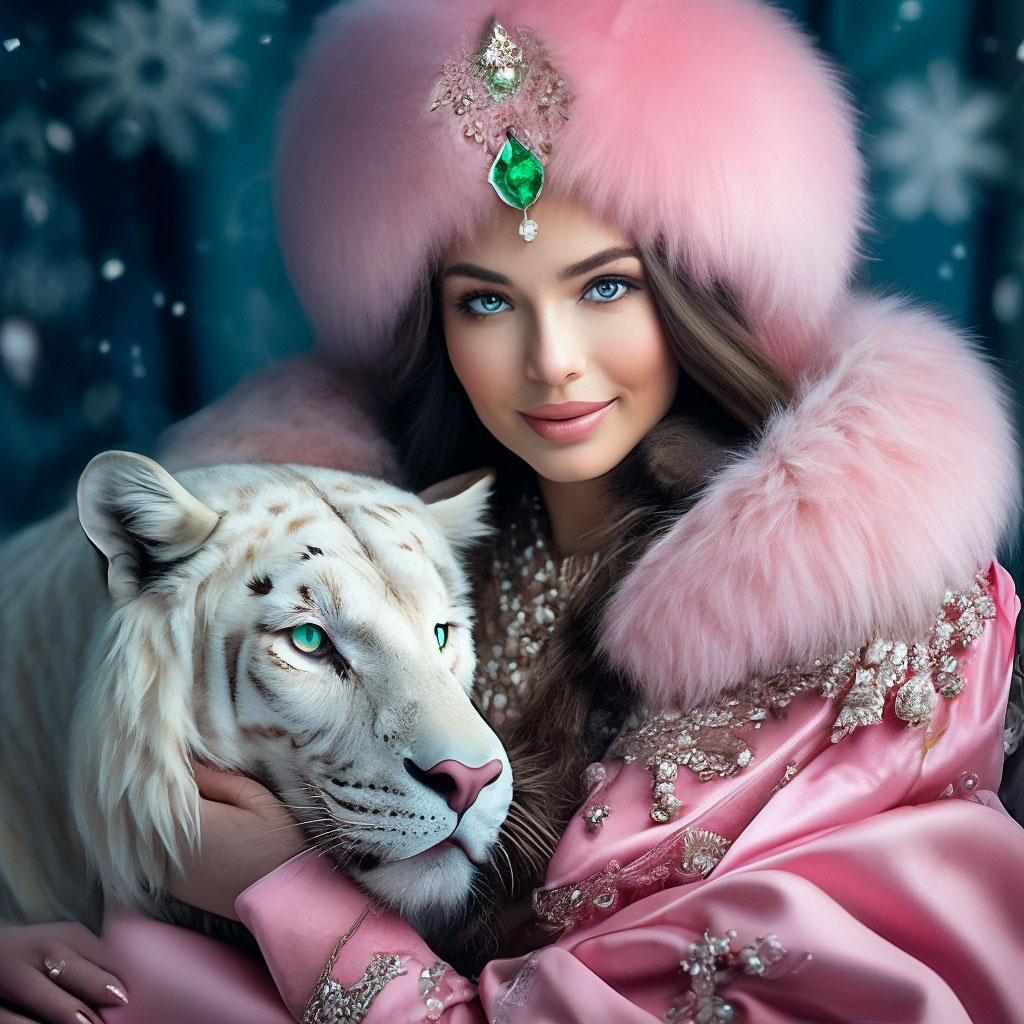 "Haute Couture, cover photo, elegant snow maiden in a pink fur coat ...