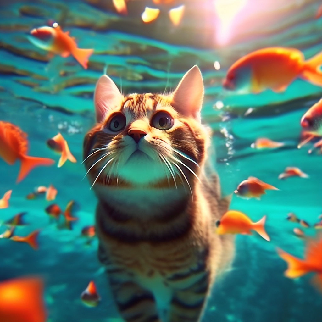 "Cat + fish in the sea, aesthetically pleasing, 4k" — image created in ...