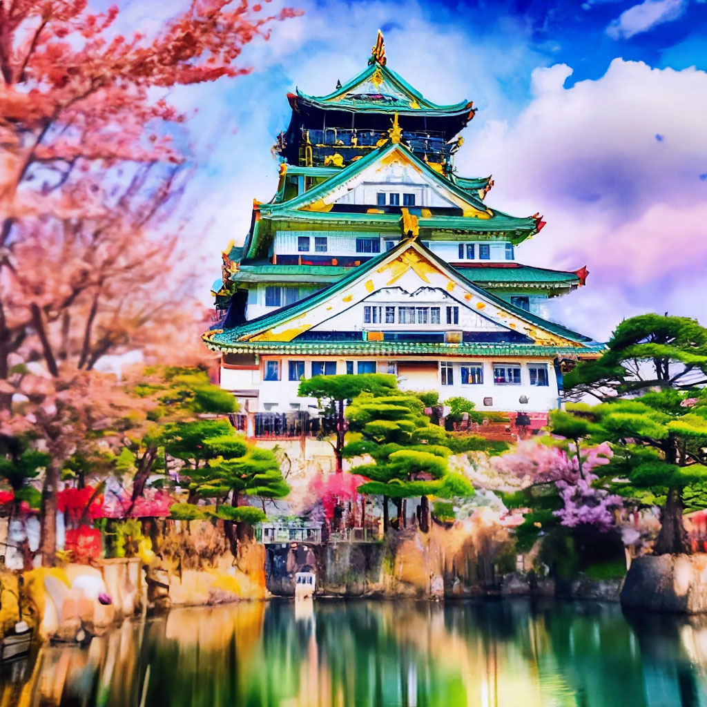 "🌞🌞🌞 Osaka Castle, Japan, bright spring watercolor" — image created in ...