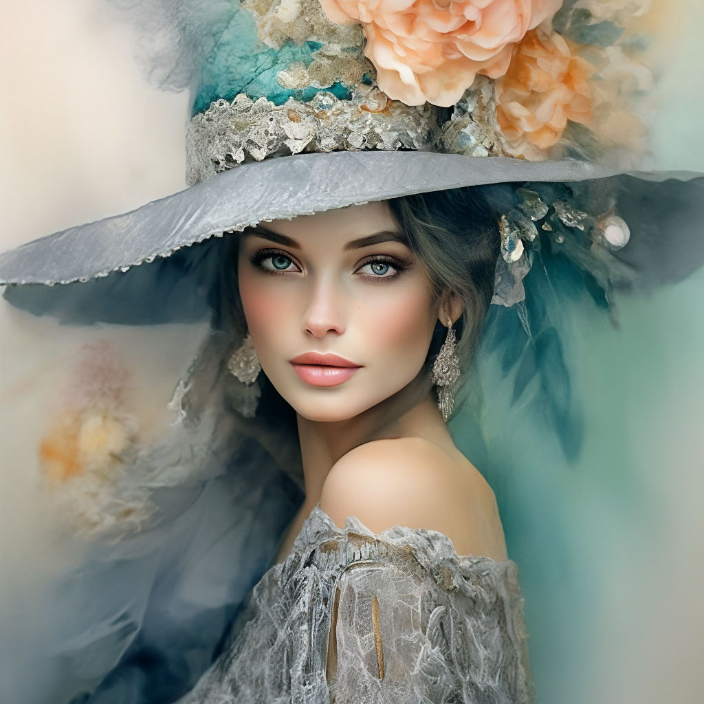 "Watercolor drawing, photo portrait of a woman in Monet style, hat with ...
