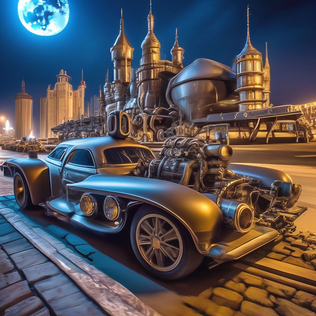 "Hyperrealism moskvich car in the style of neopunk, mechanisms, steam ...