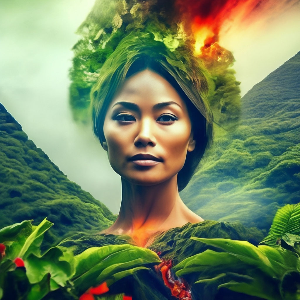 "Photography,double exposure, the lady of the volcano, the face of a ...