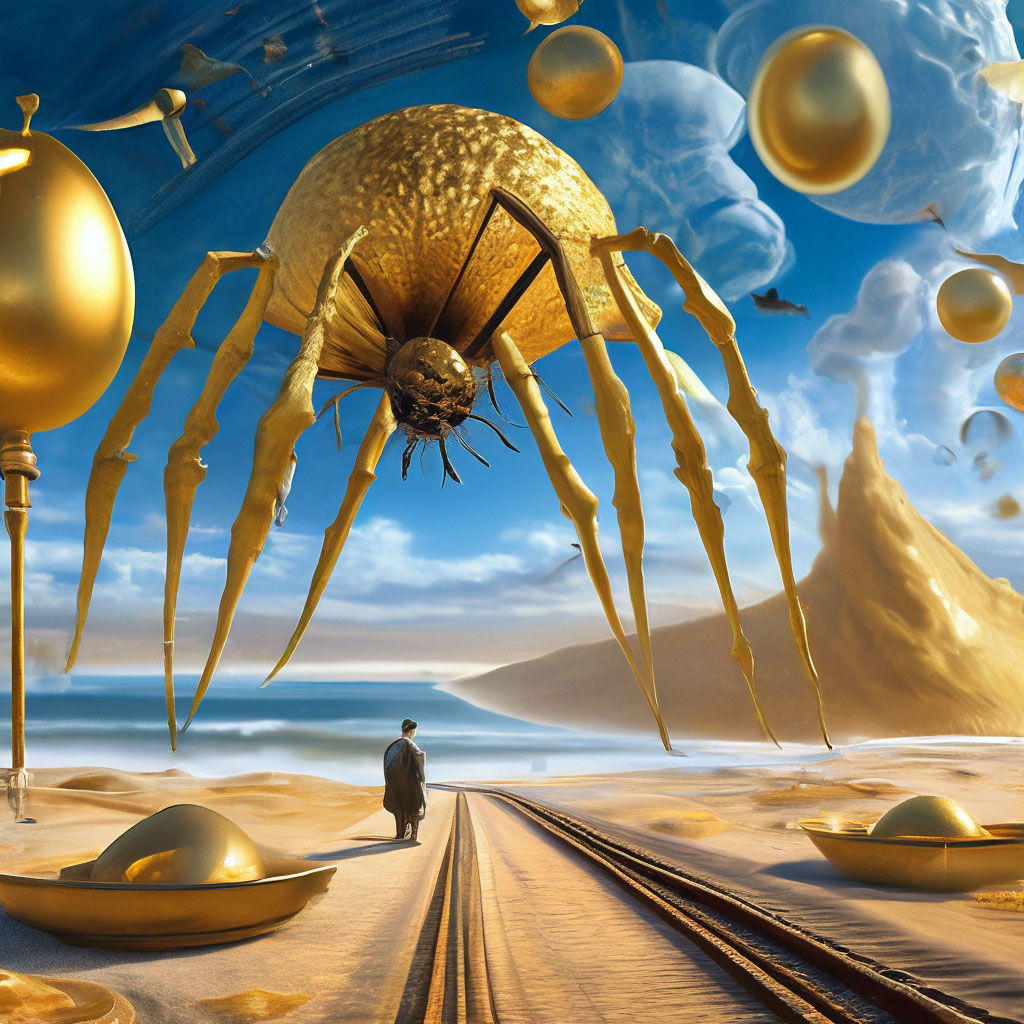 "The illusion of space and time in the style of Dali. a huge golden ...