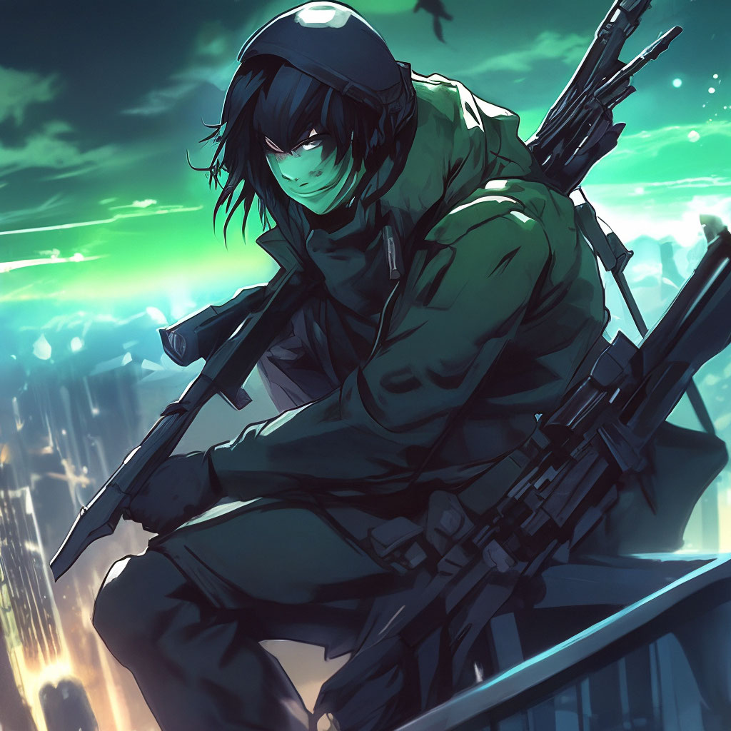 "Sniper guy in black mask, black hair, green eyes, aiming a sniper ...