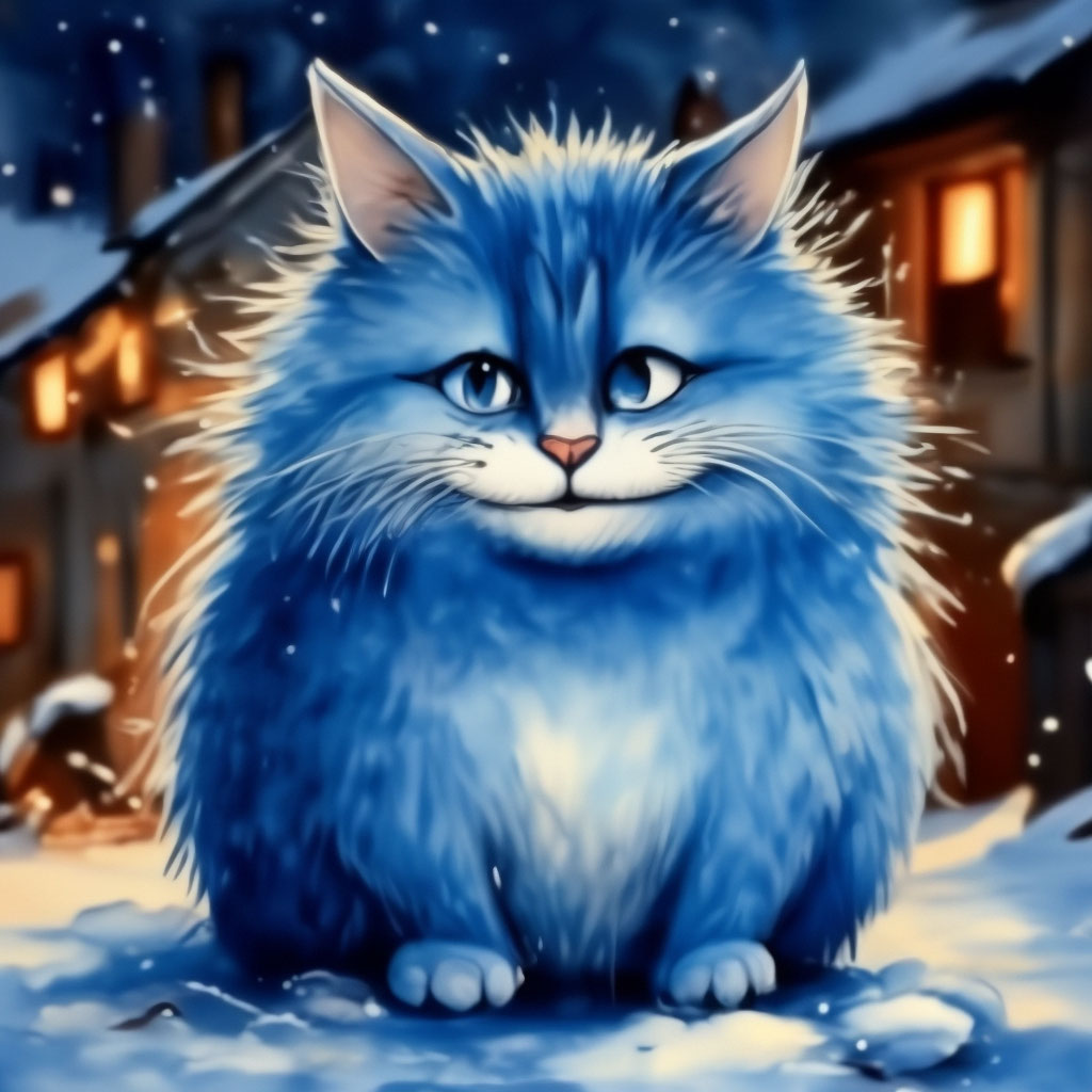 "Watercolor cartoon drawing blue fat fluffy cat smiling in the style of ...