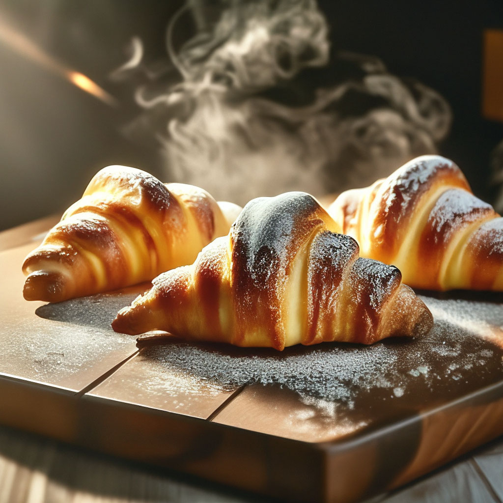 "Delicious pastries, steam, lighting,on a wooden board" — image created ...