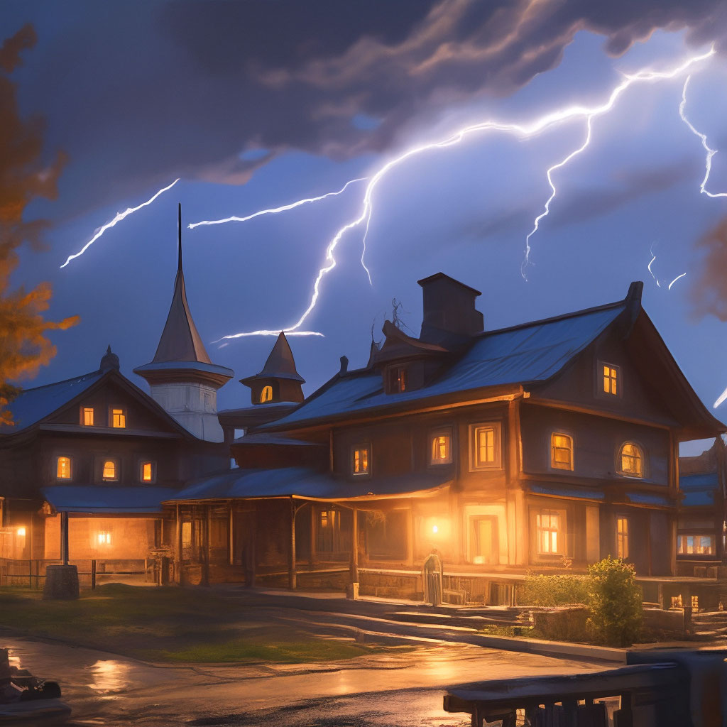 "Zabooshennaya village, lightning strikes" — image created in Shedevrum