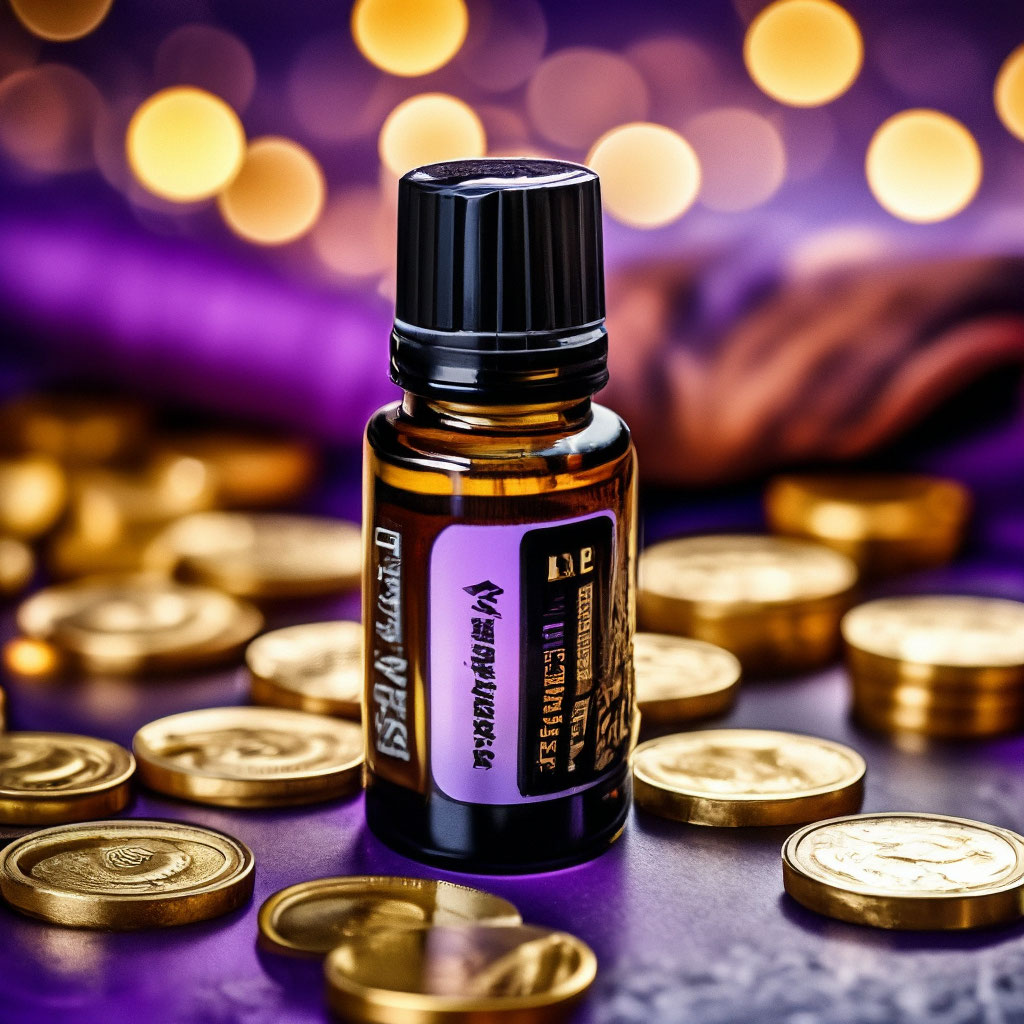 "Patchouli, doTERRA, oil, gold coins, purple background, shimmer, glare ...