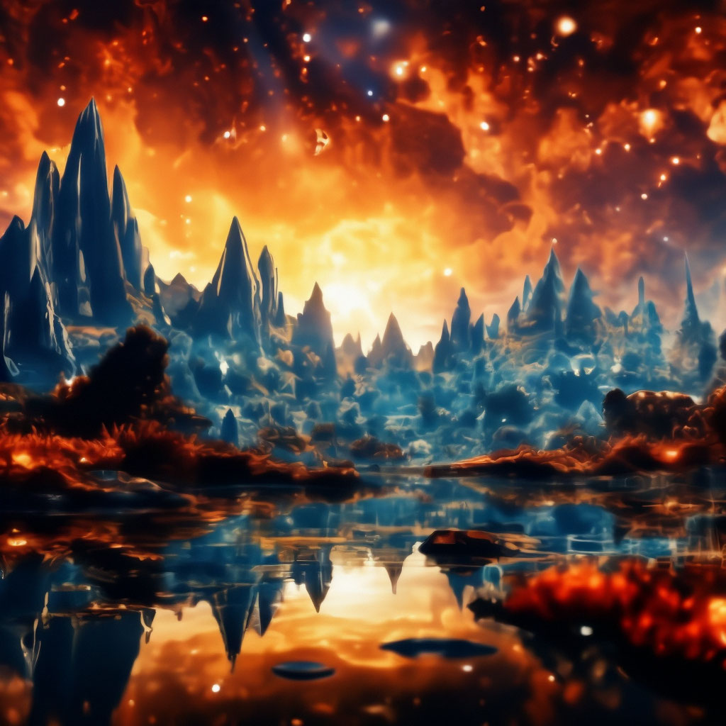 "Fantasy world in orange colours and tones, nebula, northern lights ...