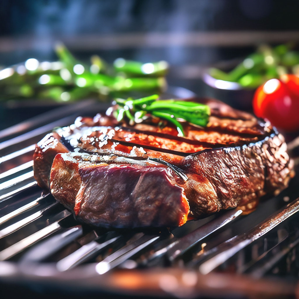 "A high detail attractive meat steak sizzles on a hot grill, emitting a ...
