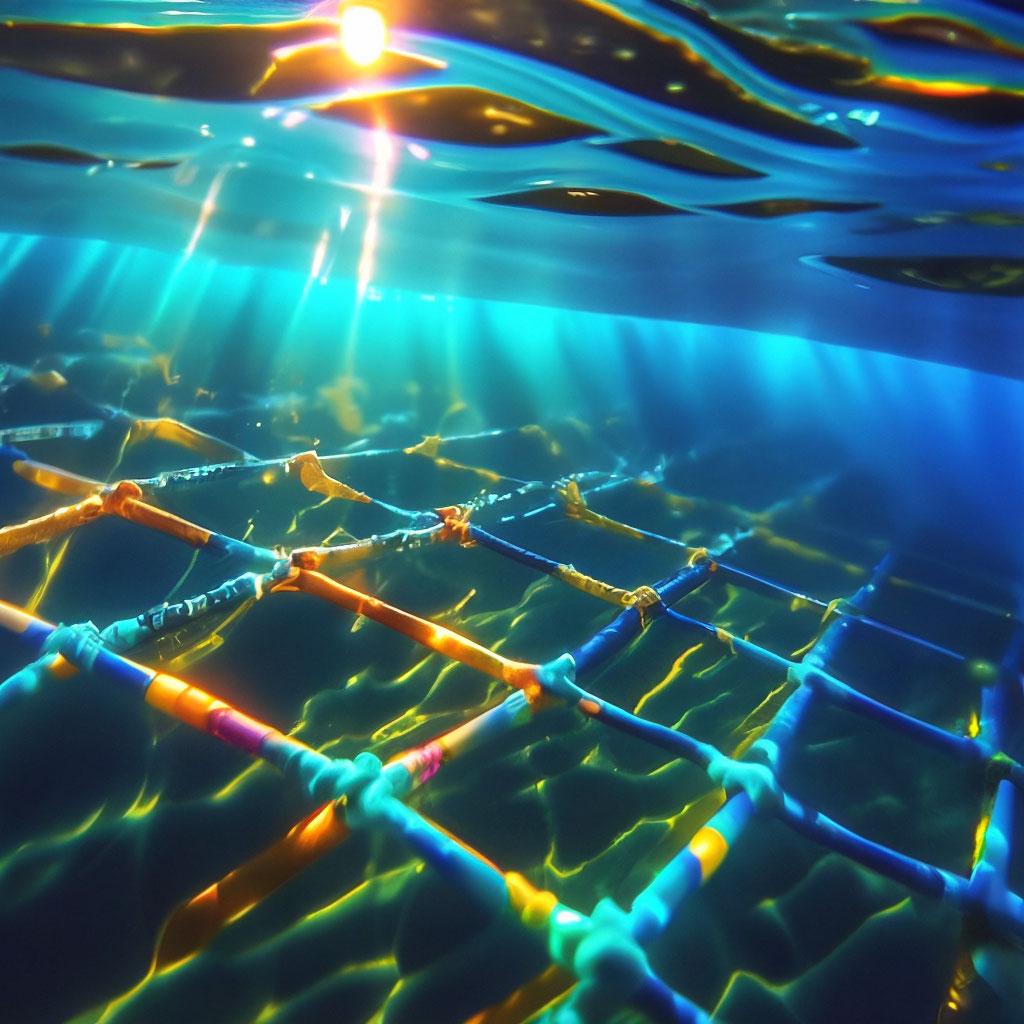 "glowing geometric shapes underwater in the sea, top view unusual ...