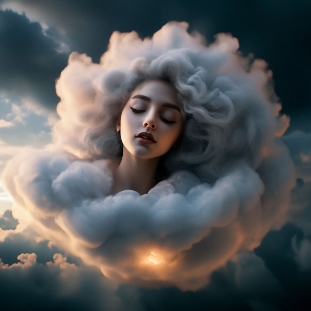 "A full-length seductive anthropomorphic cloud sleeps hovers in the sky ...